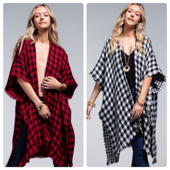 Kimonos & Yukatas | Nwt Reversible Buffalo Plaid Kimono W Frayed Fringe ...